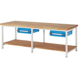 eurokraft pro Werkbank, Gestellbauweise Serie 8000, 2 Schubladen 150 mm, 2 Ablageböden, BxT 2500 x 900 mm