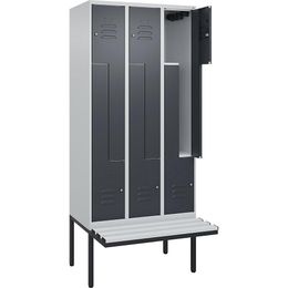 C+P Z-Spind Classic PLUS Sitzbank, 3 Abteile, lichtgrau / grau, B 900 mm, Zylinderschloss, auskragend, Kunststoff