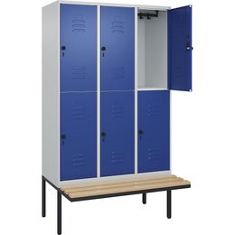 C+P Doppelstock-Spind Classic PLUS Sitzbank, 3 Abteile, lichtgrau / enzianblau, B 1200 mm, Sicherheits-Drehriegel, auskragend, Buche-Hartholz
