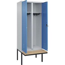 C+P Schwarz-Weiß-Spind Classic PLUS Sitzbank, 1 Abteil, lichtgrau / lichtblau, B 800 mm, Sicherheits-Drehriegel, auskragend, Buche-Hartholz