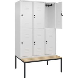 C+P Doppelstock-Spind Classic PLUS Sitzbank, 3 Abteile, verkehrsweiß, B 1200 mm, Sicherheits-Drehriegel, untergebaut, Buche-Hartholz