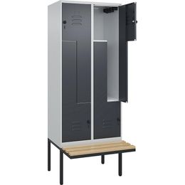 C+P Z-Spind Classic PLUS Sitzbank, 2 Abteile, lichtgrau / grau, B 800 mm, Sicherheits-Drehriegel, auskragend, Buche-Hartholz