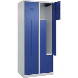 C+P Z-Spind Classic PLUS, 2 Abteile, lichtgrau / enzianblau, B 800 mm, mit Bodengleitern, Zylinderschloss