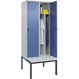 C+P Schwarz-Weiß-Spind Classic PLUS Sitzbank, schmal, 2 Abteile, Trennwand verkürzt, lichtgrau / fernblau, B 800 mm, Sicherheits-Drehriegel, untergebaut, Kunststoff