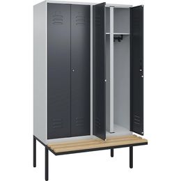 C+P Schwarz-Weiß-Spind Classic PLUS Sitzbank, 2 Abteile, lichtgrau / grau, B 1200 mm, Zylinderschloss, auskragend, Buche-Hartholz