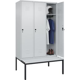 C+P Spind Classic PLUS Sitzbank, 3 Abteile, lichtgrau, B 1200 mm, Sicherheits-Drehriegel, untergebaut, Kunststoff
