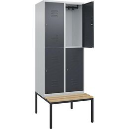 C+P Doppelstock-Spind Classic PLUS Sitzbank, 2 Abteile, lichtgrau / grau, B 800 mm, Zylinderschloss, untergebaut, Buche-Hartholz