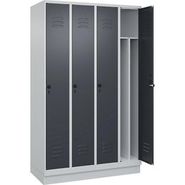C+P Schwarz-Weiß-Spind Classic PLUS, schmal, 4 Abteile, Trennwand verkürzt, lichtgrau / grau, B 1200 mm, mit Bodensockel, Drehriegel, Trennwand mittig