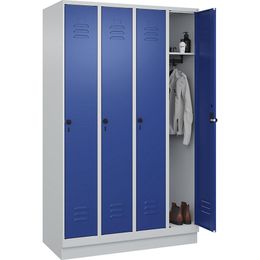 C+P Spind Classic PLUS, 4 Abteile, lichtgrau / enzianblau, B 1200 mm, mit Bodensockel, Drehriegel