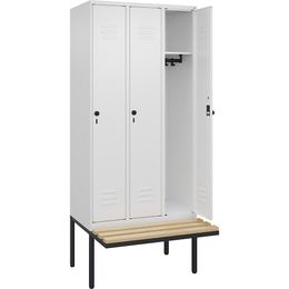 C+P Spind Classic PLUS Sitzbank, 3 Abteile, verkehrsweiß, B 900 mm, Sicherheits-Drehriegel, auskragend, Buche-Hartholz