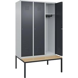 C+P Spind Classic PLUS Sitzbank, 3 Abteile, lichtgrau / grau, B 1200 mm, Zylinderschloss, untergebaut, Buche-Hartholz