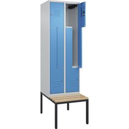 C+P Z-Spind Classic PLUS Sitzbank, 2 Abteile, lichtgrau / lichtblau, B 600 mm, Zylinderschloss, untergebaut, Buche-Hartholz