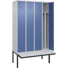 C+P Schwarz-Weiß-Spind Classic PLUS Sitzbank, schmal, 4 Abteile, Trennwand verkürzt, lichtgrau / fernblau, B 1200 mm, Zylinderschloss, auskragend, Kunststoff