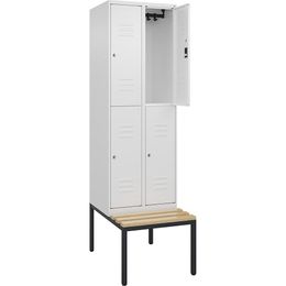 C+P Doppelstock-Spind Classic PLUS Sitzbank, 2 Abteile, verkehrsweiß, B 600 mm, Zylinderschloss, untergebaut, Buche-Hartholz