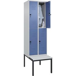 C+P Doppelstock-Spind Classic PLUS Sitzbank, 2 Abteile, lichtgrau / fernblau, B 600 mm, Sicherheits-Drehriegel, untergebaut, Kunststoff