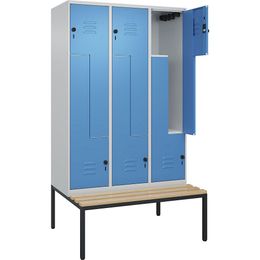 C+P Z-Spind Classic PLUS Sitzbank, 3 Abteile, lichtgrau / lichtblau, B 1200 mm, Sicherheits-Drehriegel, untergebaut, Buche-Hartholz