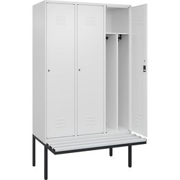 C+P Schwarz-Weiß-Spind Classic PLUS Sitzbank, schmal, 3 Abteile, Trennwand verkürzt, verkehrsweiß, B 1200 mm, Zylinderschloss, auskragend, Kunststoff