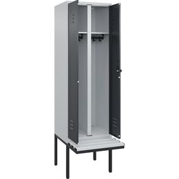 C+P Schwarz-Weiß-Spind Classic PLUS Sitzbank, 1 Abteil, lichtgrau / grau, B 600 mm, Sicherheits-Drehriegel, auskragend, Kunststoff