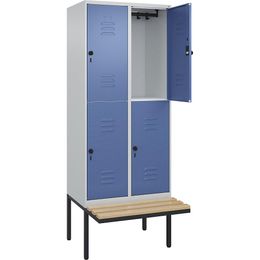 C+P Doppelstock-Spind Classic PLUS Sitzbank, 2 Abteile, lichtgrau / fernblau, B 800 mm, Sicherheits-Drehriegel, auskragend, Buche-Hartholz