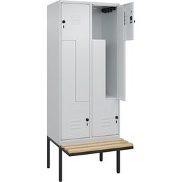 C+P Z-Spind Classic PLUS Sitzbank, 2 Abteile, lichtgrau, B 800 mm, Sicherheits-Drehriegel, auskragend, Buche-Hartholz