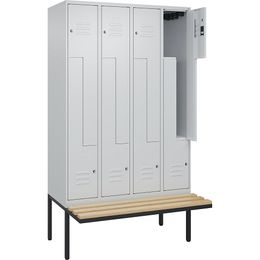 C+P Z-Spind Classic PLUS Sitzbank, 4 Abteile, lichtgrau, B 1200 mm, Zylinderschloss, auskragend, Buche-Hartholz