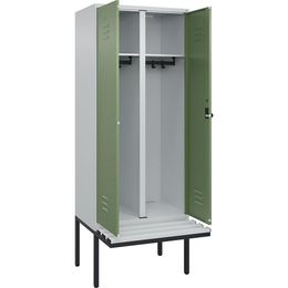 C+P Schwarz-Weiß-Spind Classic PLUS Sitzbank, 1 Abteil, lichtgrau / resedagrün, B 800 mm, Sicherheits-Drehriegel, auskragend, Kunststoff