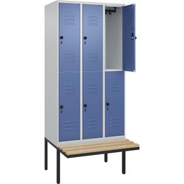 C+P Doppelstock-Spind Classic PLUS Sitzbank, 3 Abteile, lichtgrau / fernblau, B 900 mm, Sicherheits-Drehriegel, auskragend, Buche-Hartholz