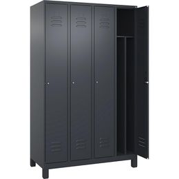 C+P Schwarz-Weiß-Spind Classic PLUS, schmal, 4 Abteile, Trennwand verkürzt, grau, B 1200 mm, mit Füßen, Zylinderschloss, Trennwand mittig