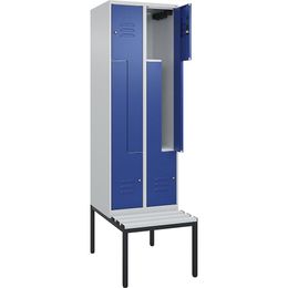 C+P Z-Spind Classic PLUS Sitzbank, 2 Abteile, lichtgrau / enzianblau, B 600 mm, Zylinderschloss, untergebaut, Kunststoff