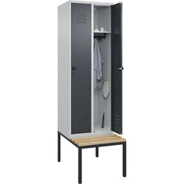 C+P Spind Classic PLUS Sitzbank, 2 Abteile, lichtgrau / grau, B 600 mm, Sicherheits-Drehriegel, untergebaut, Buche-Hartholz