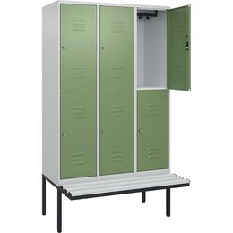 C+P Doppelstock-Spind Classic PLUS Sitzbank, 3 Abteile, lichtgrau / resedagrün, B 1200 mm, Zylinderschloss, auskragend, Kunststoff