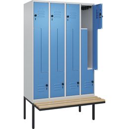 C+P Z-Spind Classic PLUS Sitzbank, 4 Abteile, lichtgrau / lichtblau, B 1200 mm, Sicherheits-Drehriegel, auskragend, Buche-Hartholz