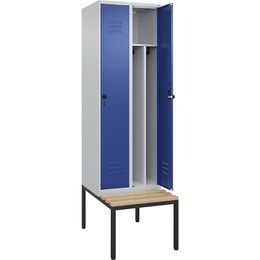 C+P Schwarz-Weiß-Spind Classic PLUS Sitzbank, schmal, 2 Abteile, Trennwand verkürzt, lichtgrau / enzianblau, B 600 mm, Sicherheits-Drehriegel, untergebaut, Buche-Hartholz