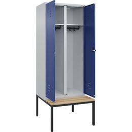 C+P Schwarz-Weiß-Spind Classic PLUS Sitzbank, 1 Abteil, lichtgrau / enzianblau, B 800 mm, Sicherheits-Drehriegel, untergebaut, Buche-Hartholz