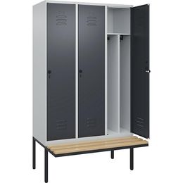 C+P Schwarz-Weiß-Spind Classic PLUS Sitzbank, schmal, 3 Abteile, Trennwand verkürzt, lichtgrau / grau, B 1200 mm, Sicherheits-Drehriegel, auskragend, Buche-Hartholz