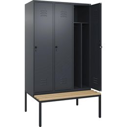 C+P Schwarz-Weiß-Spind Classic PLUS Sitzbank, schmal, 3 Abteile, Trennwand verkürzt, grau, B 1200 mm, Sicherheits-Drehriegel, untergebaut, Buche-Hartholz