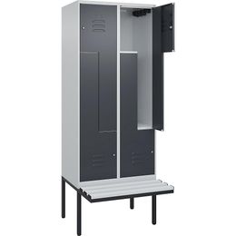 C+P Z-Spind Classic PLUS Sitzbank, 2 Abteile, lichtgrau / grau, B 800 mm, Zylinderschloss, auskragend, Kunststoff