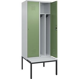C+P Schwarz-Weiß-Spind Classic PLUS Sitzbank, schmal, 2 Abteile, Trennwand verkürzt, lichtgrau / resedagrün, B 800 mm, Zylinderschloss, untergebaut, Kunststoff