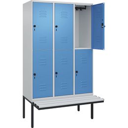 C+P Doppelstock-Spind Classic PLUS Sitzbank, 3 Abteile, lichtgrau / lichtblau, B 1200 mm, Sicherheits-Drehriegel, auskragend, Kunststoff