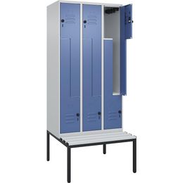 C+P Z-Spind Classic PLUS Sitzbank, 3 Abteile, lichtgrau / fernblau, B 900 mm, Sicherheits-Drehriegel, untergebaut, Kunststoff