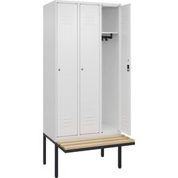 C+P Spind Classic PLUS Sitzbank, 3 Abteile, verkehrsweiß, B 900 mm, Zylinderschloss, auskragend, Buche-Hartholz