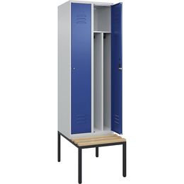 C+P Schwarz-Weiß-Spind Classic PLUS Sitzbank, schmal, 2 Abteile, Trennwand verkürzt, lichtgrau / enzianblau, B 600 mm, Zylinderschloss, untergebaut, Buche-Hartholz