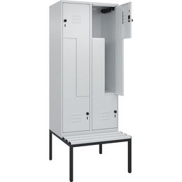 C+P Z-Spind Classic PLUS Sitzbank, 2 Abteile, lichtgrau, B 800 mm, Sicherheits-Drehriegel, untergebaut, Kunststoff