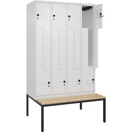 C+P Z-Spind Classic PLUS Sitzbank, 4 Abteile, verkehrsweiß, B 1200 mm, Sicherheits-Drehriegel, untergebaut, Buche-Hartholz