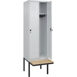 C+P Spind Classic PLUS Sitzbank, 2 Abteile, lichtgrau, B 600 mm, Sicherheits-Drehriegel, auskragend, Buche-Hartholz