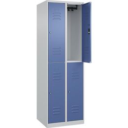 C+P Doppelstock-Spind Classic PLUS, 2 Abteile, lichtgrau / fernblau, HxB 1850 x 600 mm, mit Bodengleitern, Zylinderschloss