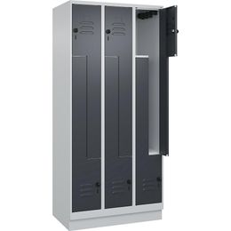 C+P Z-Spind Classic PLUS, 3 Abteile, lichtgrau / grau, B 900 mm, mit Bodensockel, Drehriegel