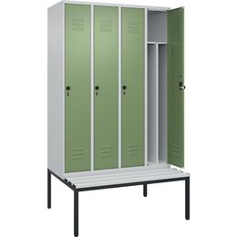 C+P Schwarz-Weiß-Spind Classic PLUS Sitzbank, schmal, 4 Abteile, Trennwand verkürzt, lichtgrau / resedagrün, B 1200 mm, Sicherheits-Drehriegel, untergebaut, Kunststoff