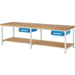 eurokraft pro Werkbank, Gestellbauweise Serie 8000, 2 Schubladen 150 mm, 2 Ablageböden, BxT 3000 x 900 mm