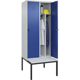 C+P Schwarz-Weiß-Spind Classic PLUS Sitzbank, schmal, 2 Abteile, Trennwand verkürzt, lichtgrau / enzianblau, B 800 mm, Sicherheits-Drehriegel, untergebaut, Kunststoff